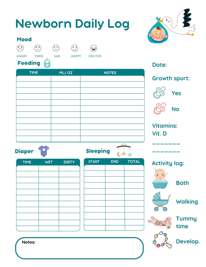 NEWBORN DAILY LOG 3 Colors, Baby Feeding Log, Baby Tracker, Newborn ...