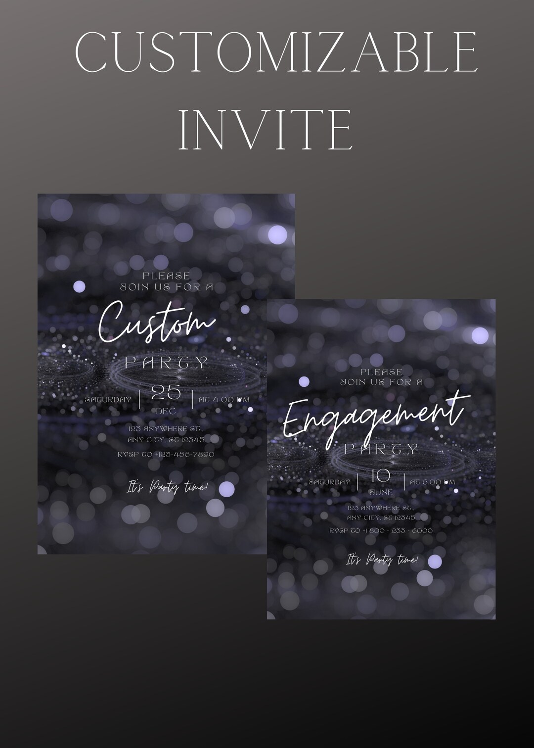 Dazzling Glitter Invite Black Wedding Invite Engagement Party Custom ...