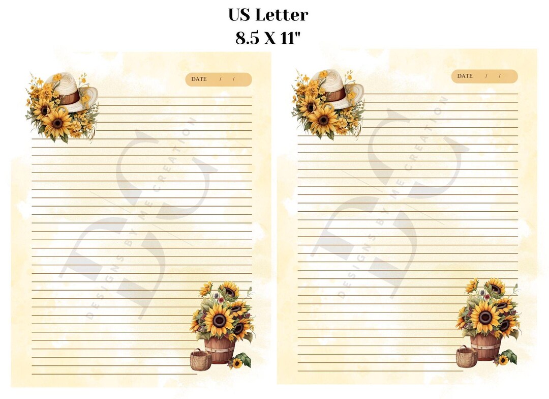 Sunflower Printable Stationery, Digital Stationery, Downloadable ...