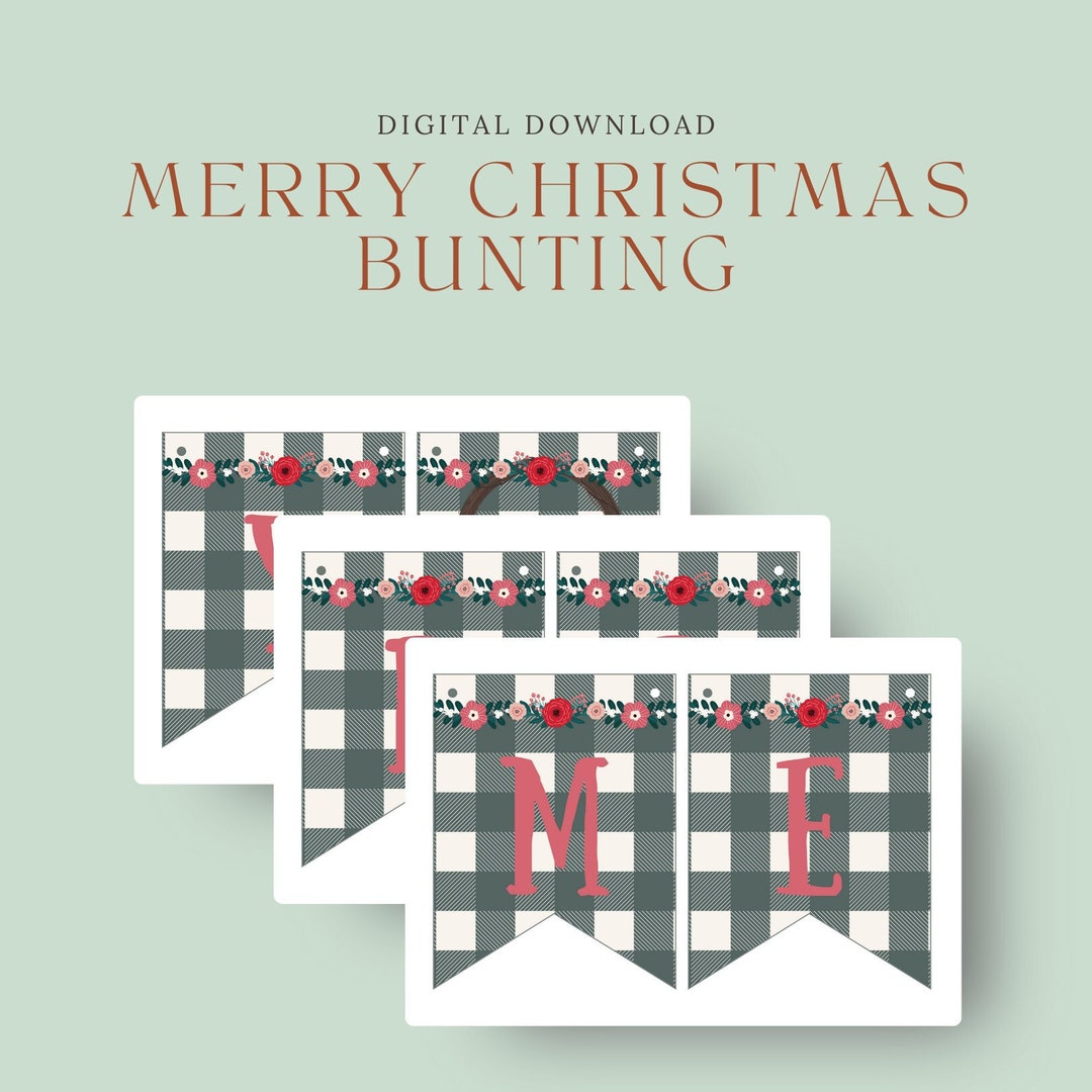 Merry Christmas Green Plaid Bunting, Christmas Party Banner, Holiday ...