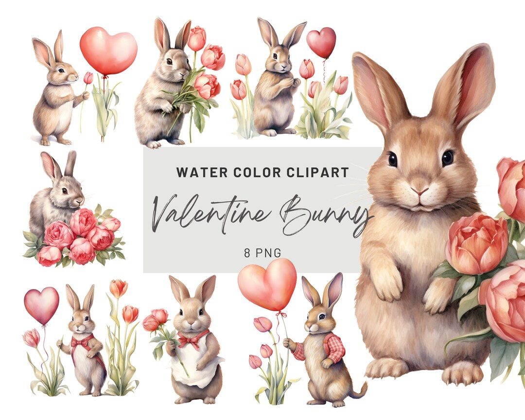 Valentine Bunny Clipart, Bunny With Flower, Bunny With Balloon ...