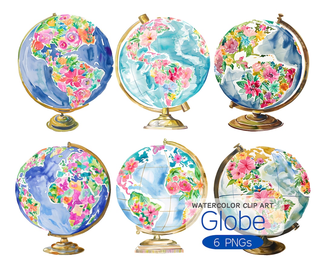 Globe Watercolor Clipart, Set of 6, PNG, Pastel Globe , Instant Digital ...