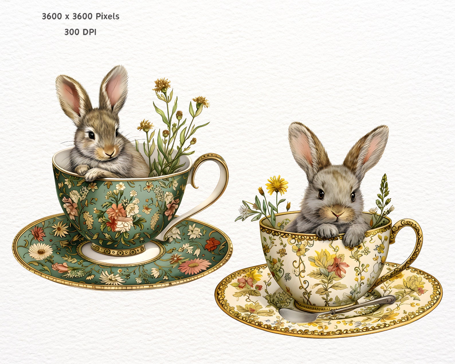 Bunnies in Teacups, Bunny Clipart, Bunny With Flower, Printable ...