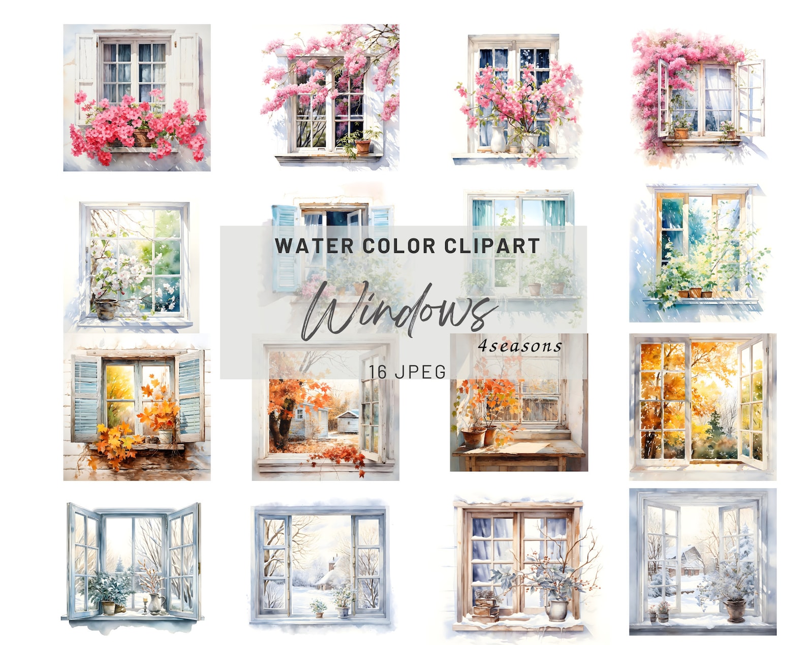 Watercolor Windows Clipart, 4 Seasons, Watercolor Clipart, Set of 16 ...
