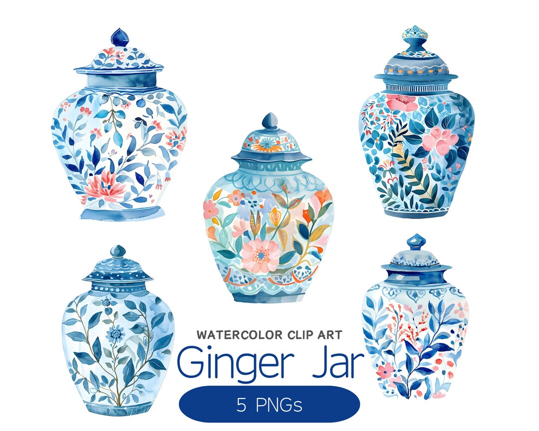 Ginger Jar Clipart, Water Color Ginger Jar, Set of 5, PNG, Instant ...