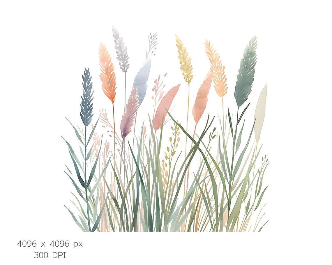 Water Color Grass Clipart, Set of 5, PNG, Pastel Grass, Botanical ...