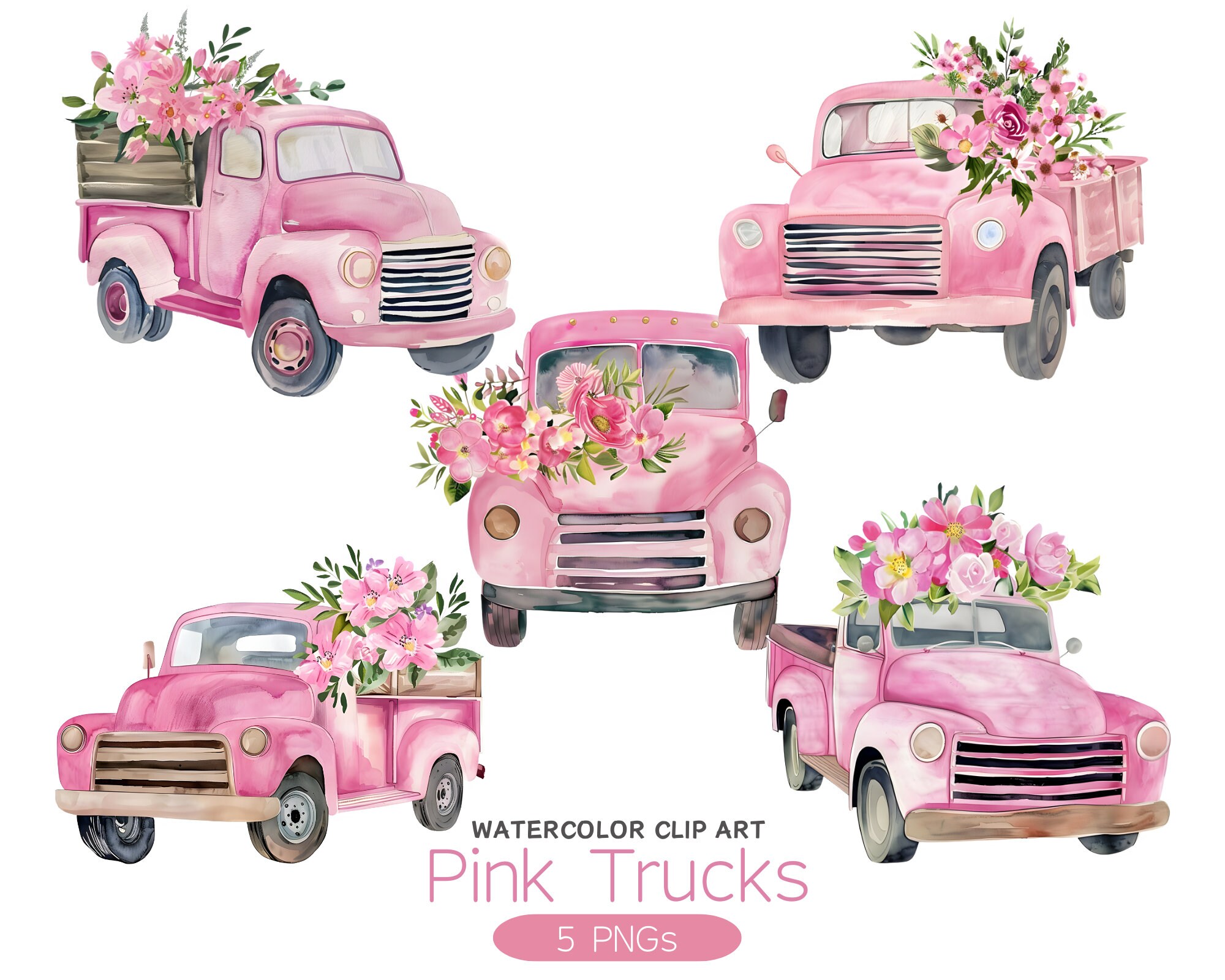 Pink Trucks Clipart, Pink Trucks With Flowers, Set of 5, PNG, Instant ...