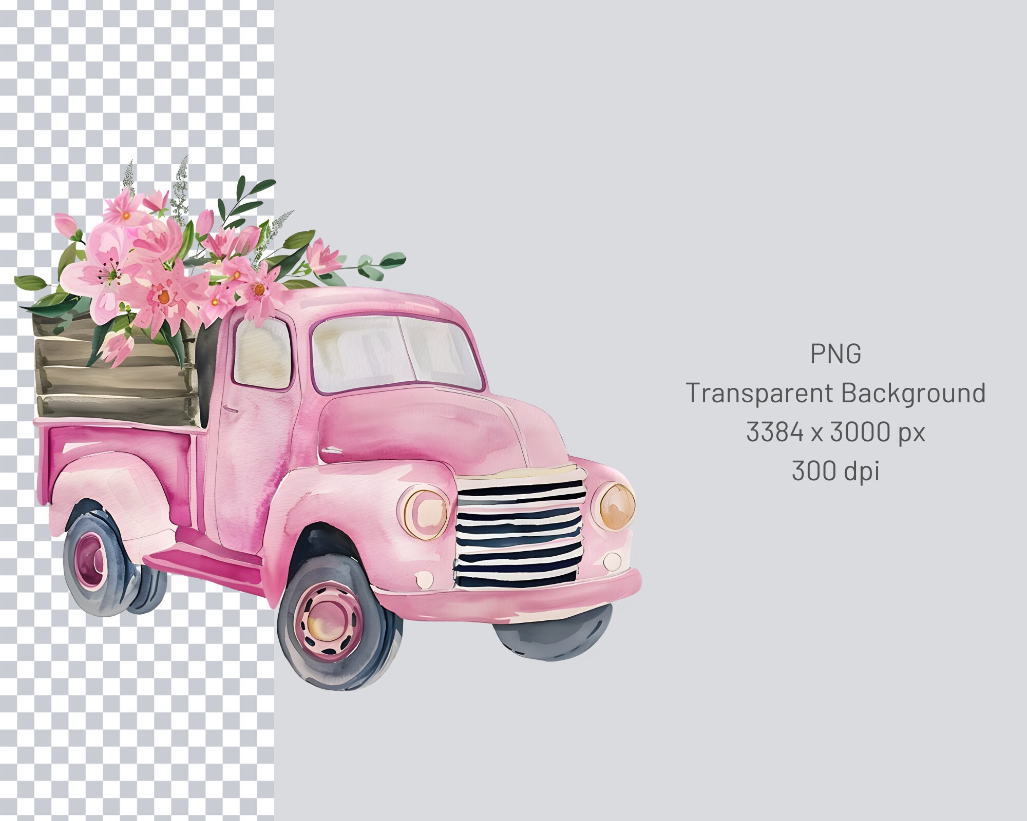 Pink Trucks Clipart, Pink Trucks With Flowers, Set of 5, PNG, Instant ...