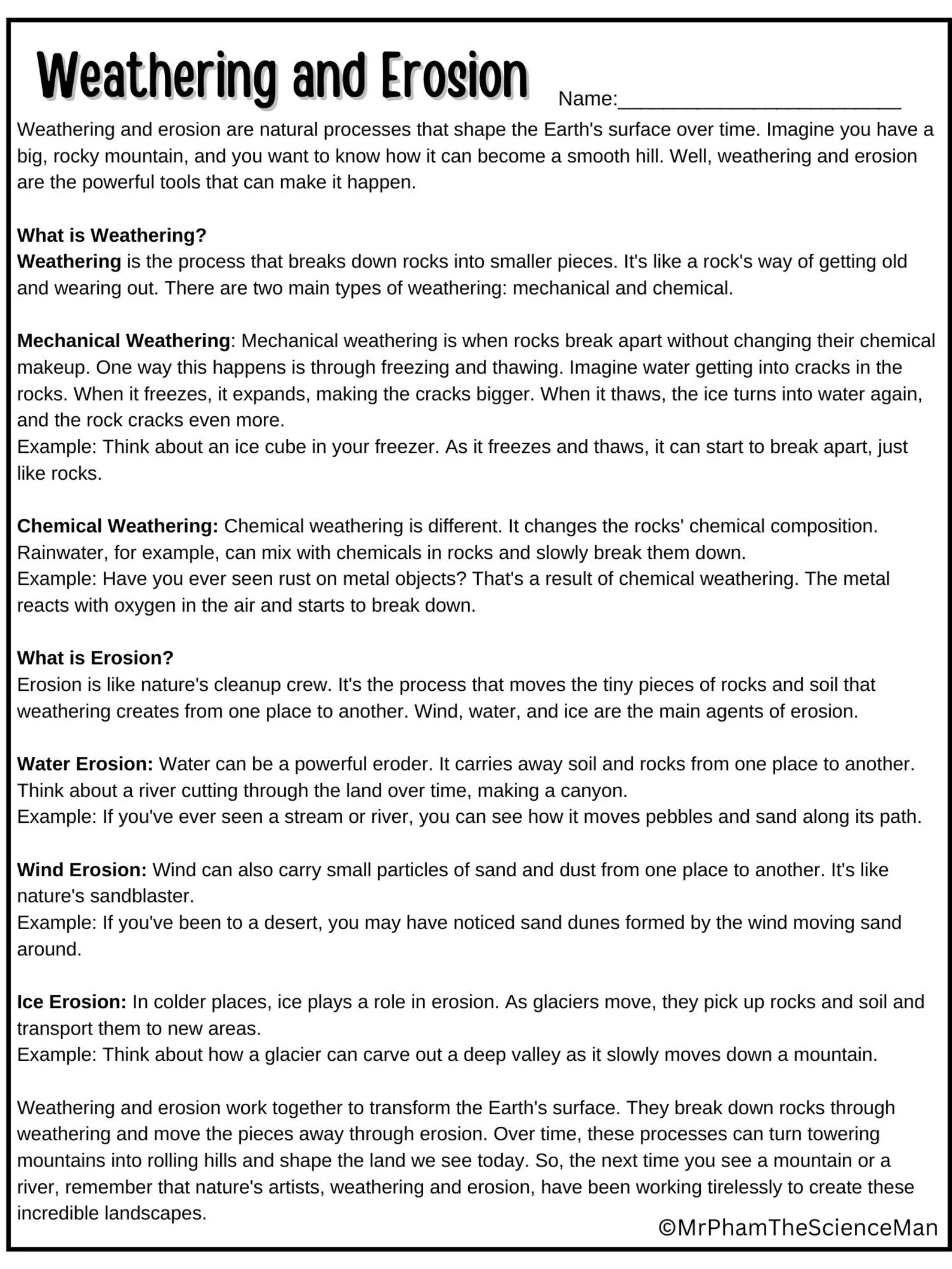 Weathering and Erosion Reading Passage and Questions Worksheet - Etsy