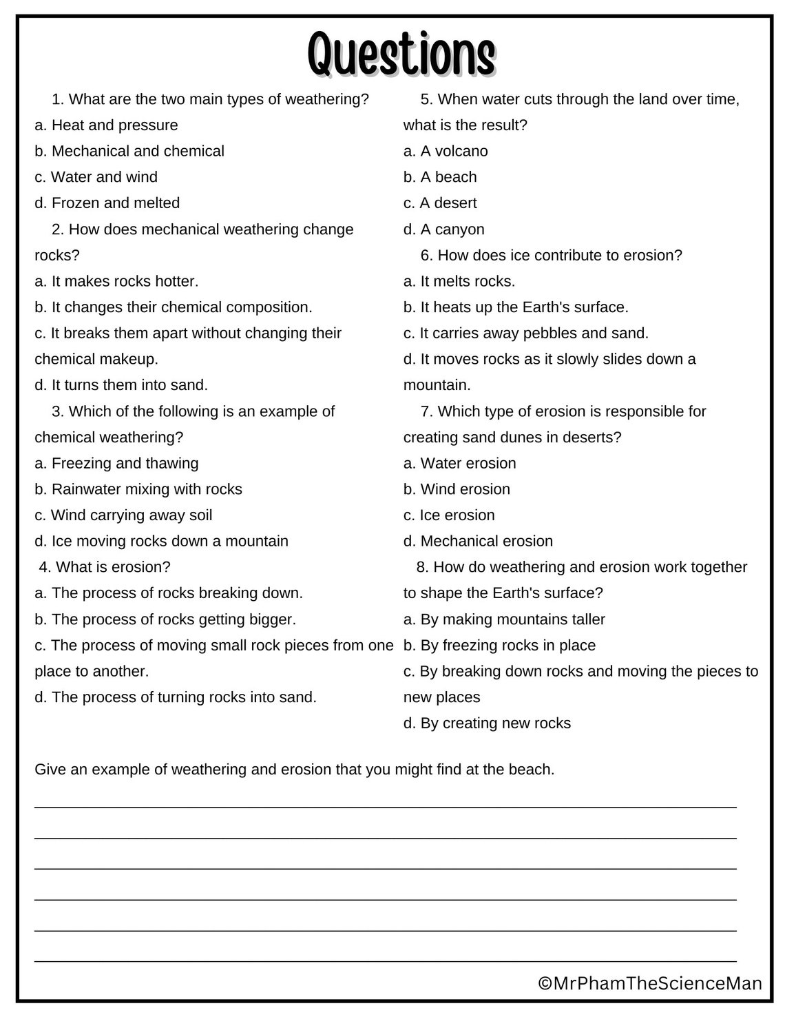 Weathering and Erosion Reading Passage and Questions Worksheet - Etsy