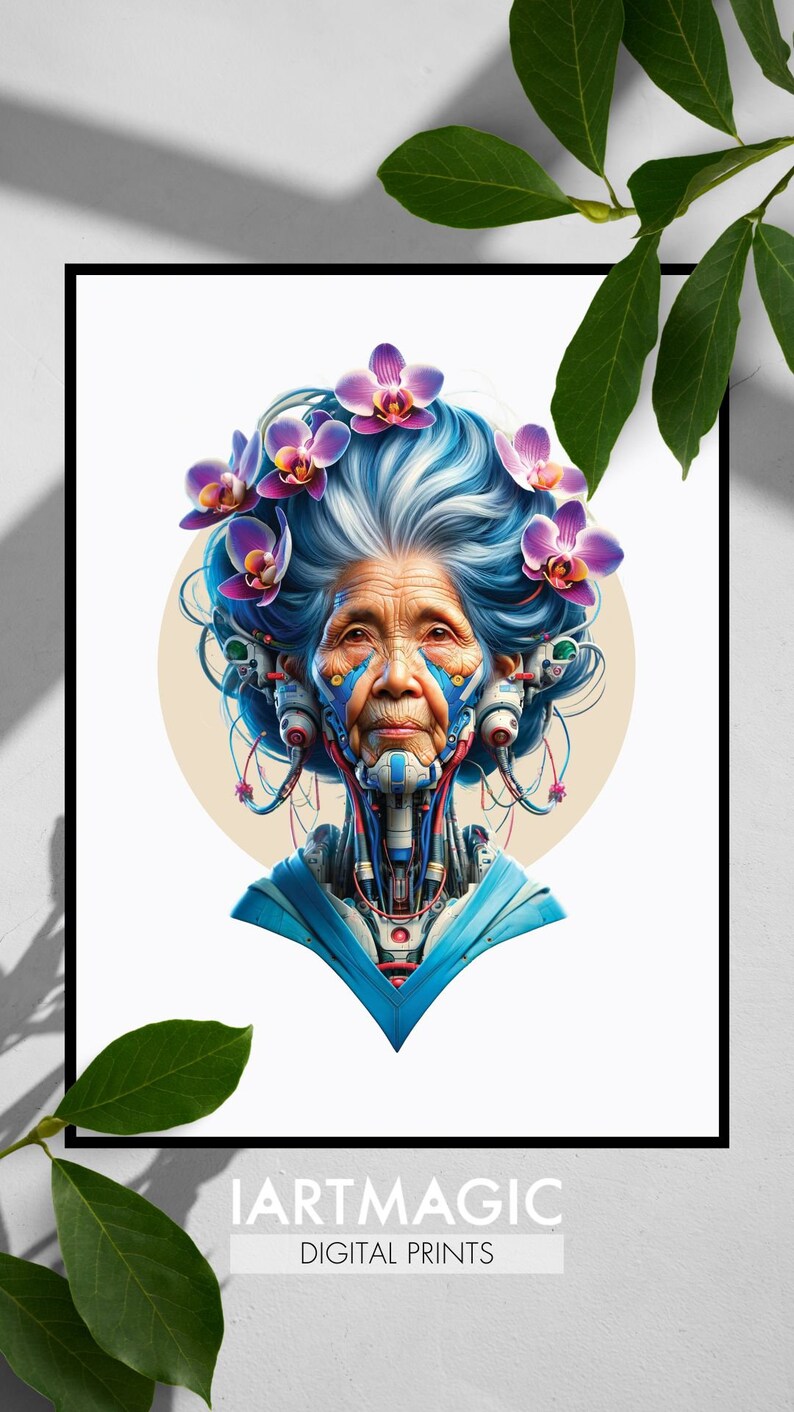 Ancient Futurist Cyborg Grandma, PRINTABLE Wall Art Print Digital Illustration Surrealist ...