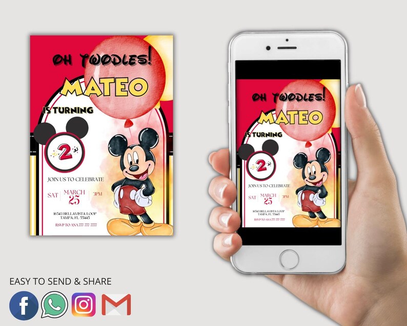 Editable Mickey Mouse Birthday Invitation: Canva Template (5x7 ...