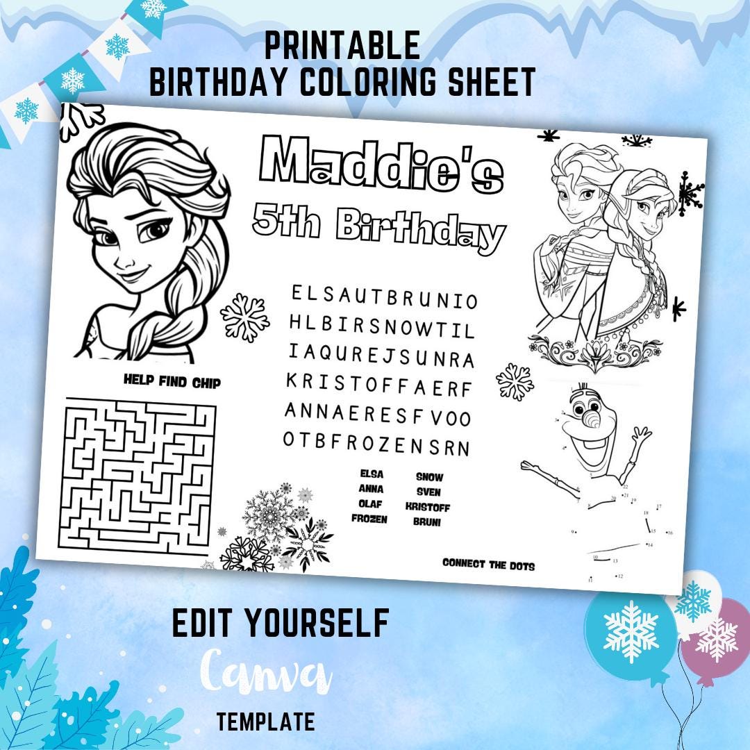 Frozen Activity Coloring Page, Frozen Birthday Party Favors, Frozen ...