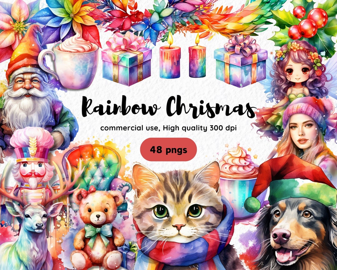 Rainbow Christmas Clipart Bundle, Christmas Clipart for Stickers ...