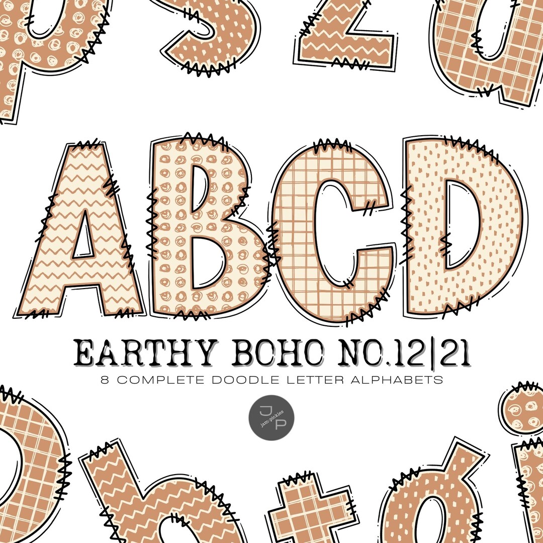 Earthy Boho 12|21 Alphabet Letters PNG Bundle, Hand Drawn Doodle ...