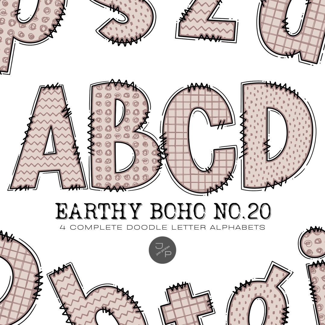 Earthy Boho 20 Alphabet Letters PNG Bundle, Hand Drawn Doodle Letters ...