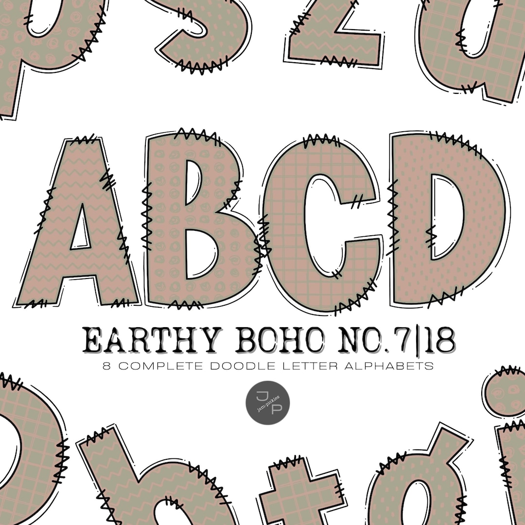 Earthy Boho 7|18 Alphabet Letters PNG Bundle, Hand Drawn Doodle Letters ...