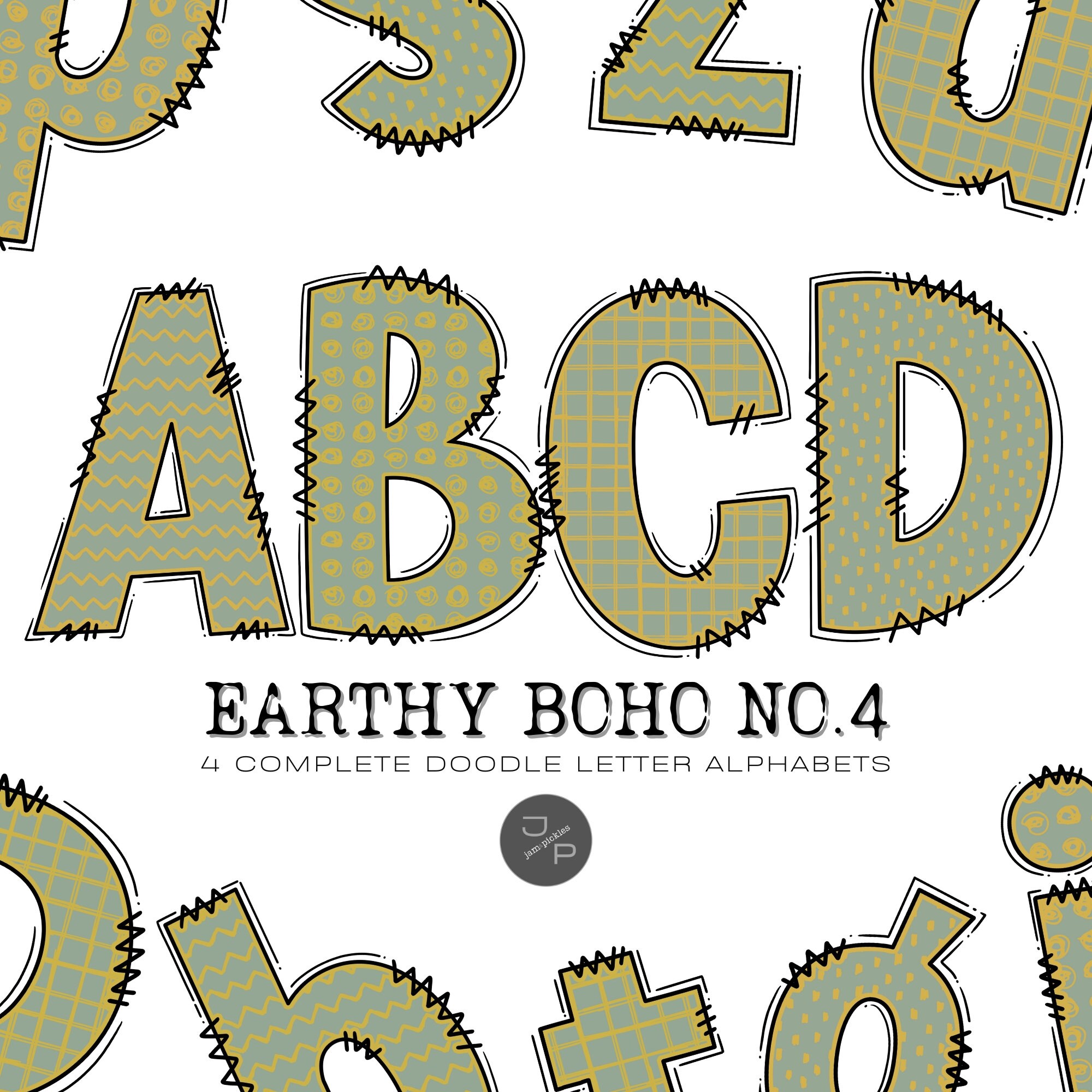 Earthy Boho 4 Alphabet Letters PNG Bundle, Hand Drawn Doodle Letters ...