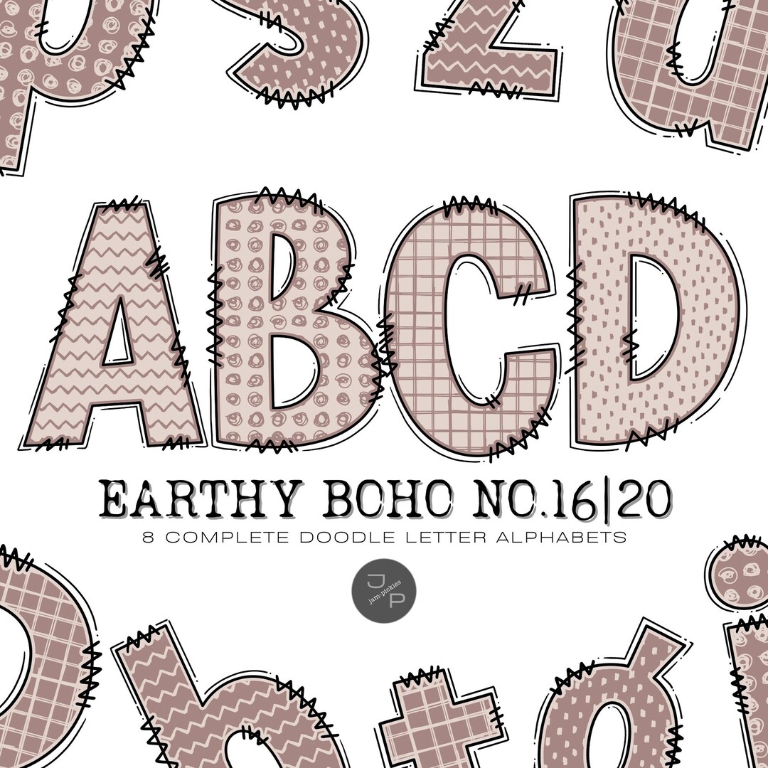 Earthy Boho 16|20 Alphabet Letters PNG Bundle, Hand Drawn Doodle ...