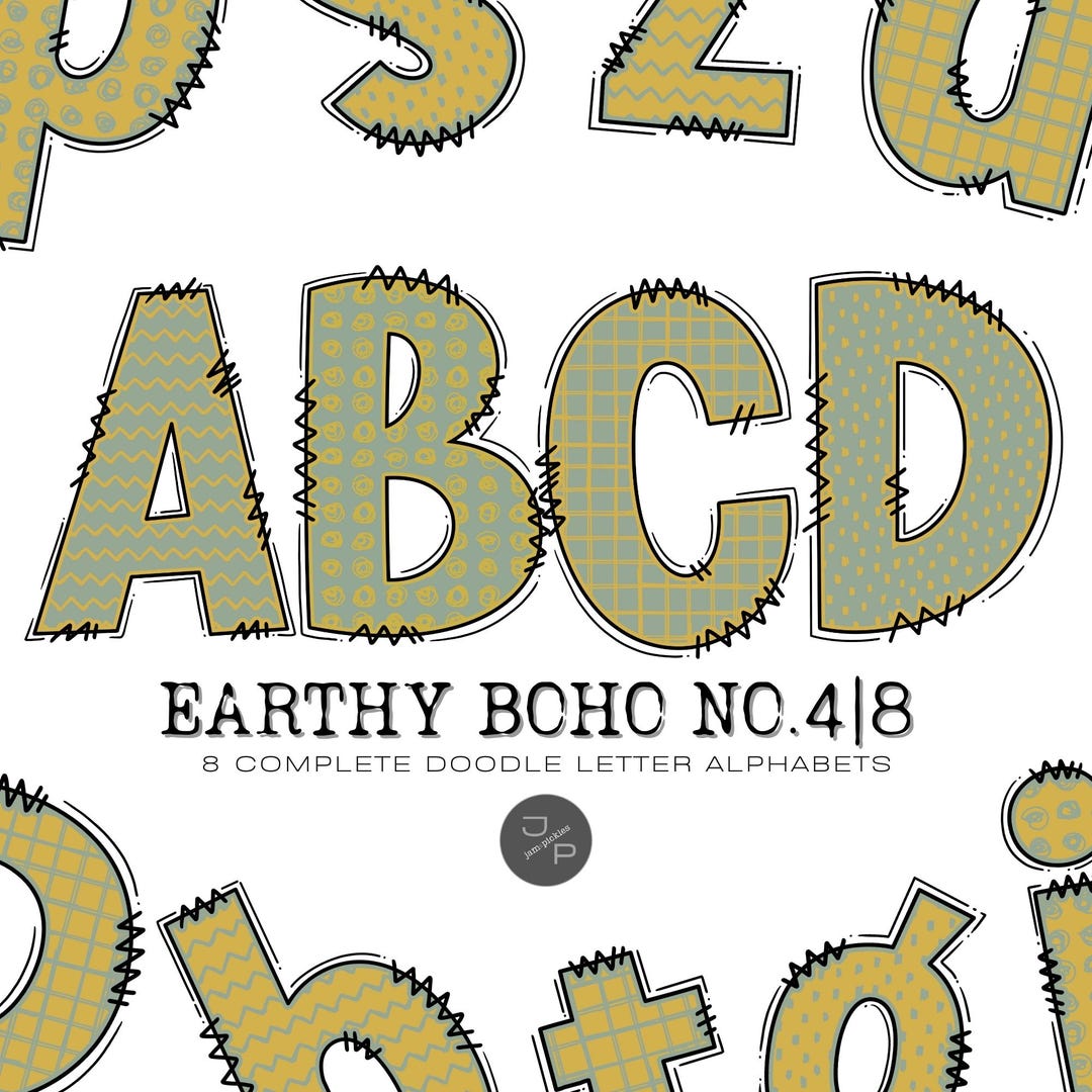 Earthy Boho 4|8 Alphabet Letters PNG Bundle, Hand Drawn Doodle Letters ...