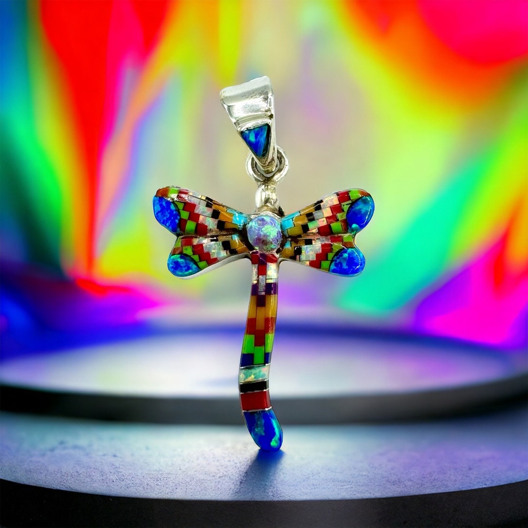 Dragonfly Design Multi Inlay Pendant - Etsy