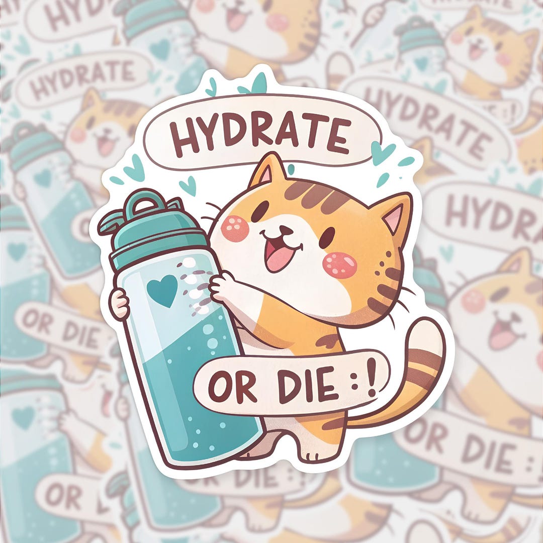 Drink Water Cat Meme Sticker Funny Hydration Reminder Kawaii Vinyl ...