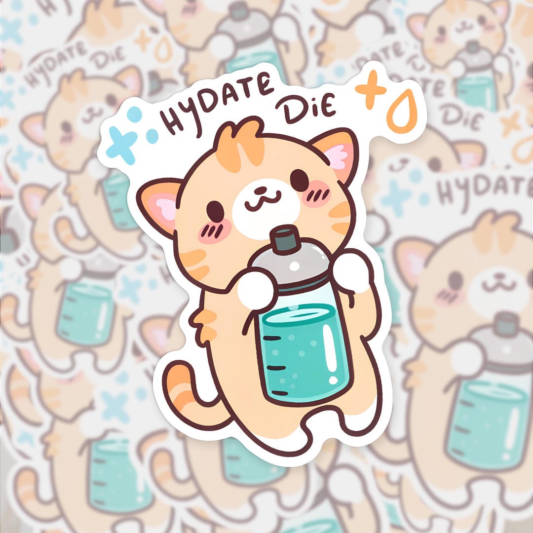Drink Water Cat Meme Sticker Funny Hydration Reminder Kawaii Vinyl ...