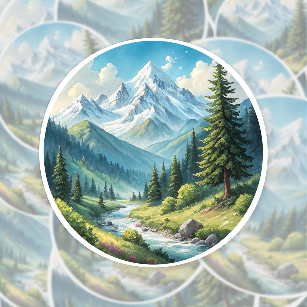 Watercolor Mountain Landscape Sticker - Scenic Nature Vinyl Decal ...