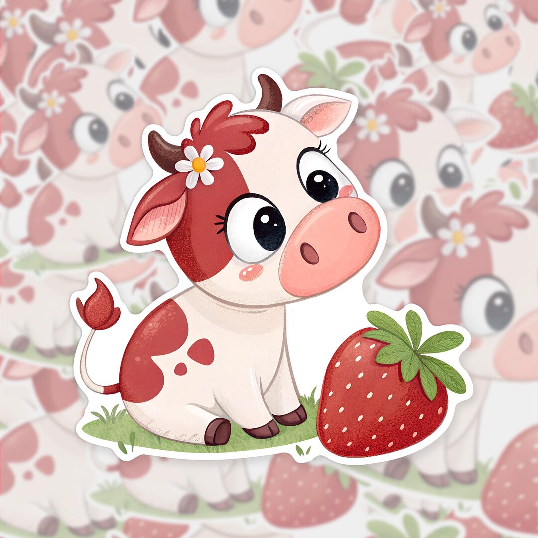 Sweet Strawberry Cow Sticker - Kawaii Vinyl Decal - Cute Farm Animal ...