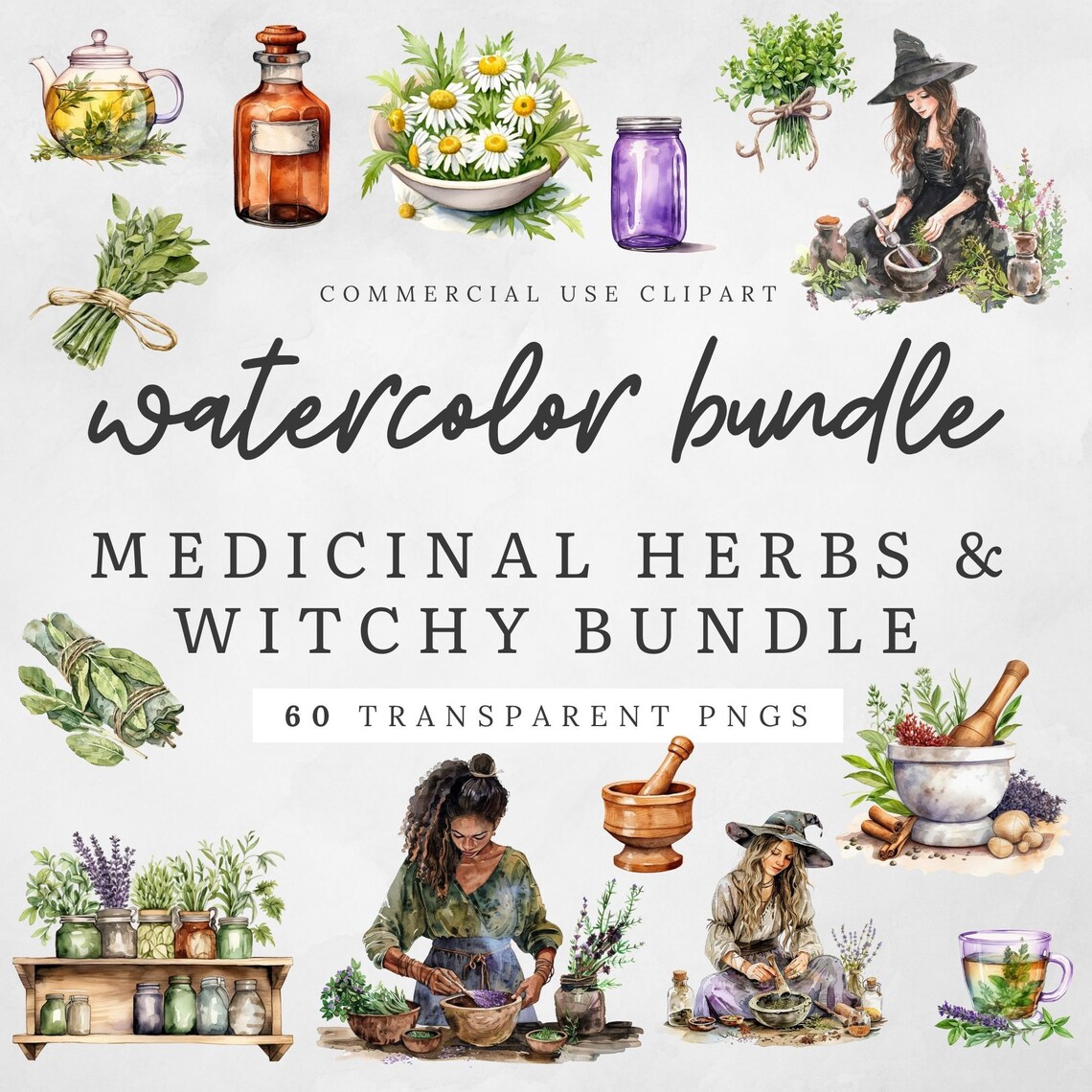 Watercolor Clip Art Bundle Medicinal Herb and Witchy Clipart Herbal Tea ...