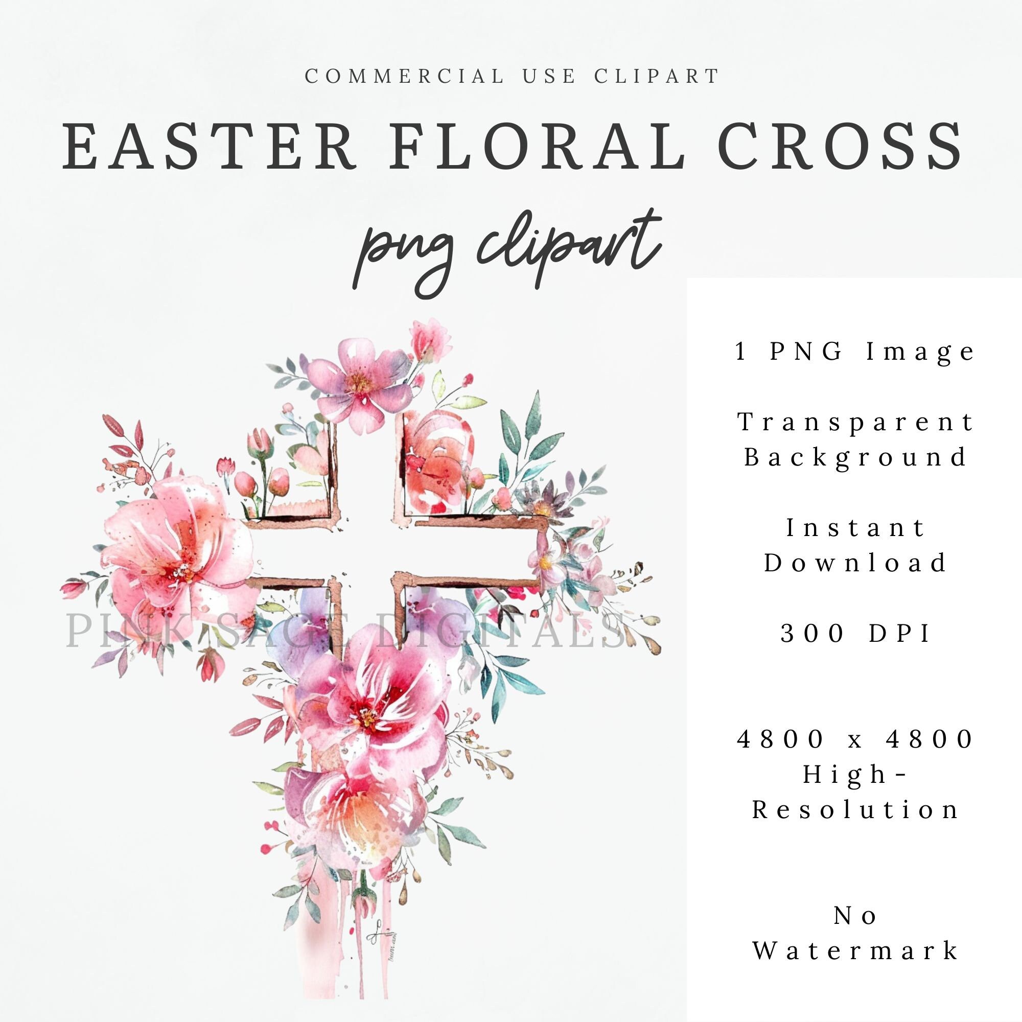 Cross Clip Art Easter Christian Clipart SINGLE IMAGE PNG Floral Design ...