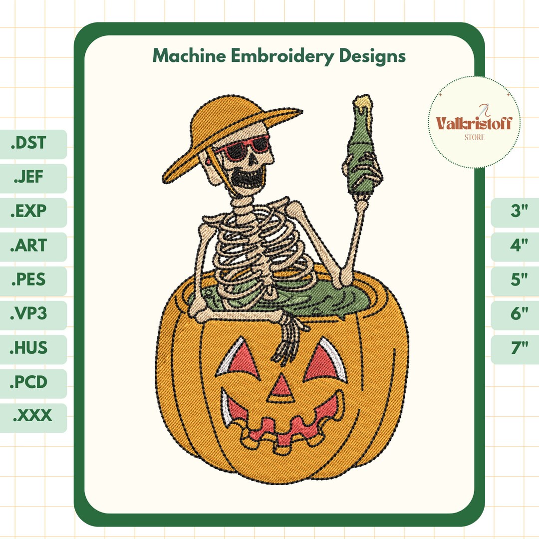 Funny Boozy Skeleton Embroidery Design, Skeleton With Pumpkin ...