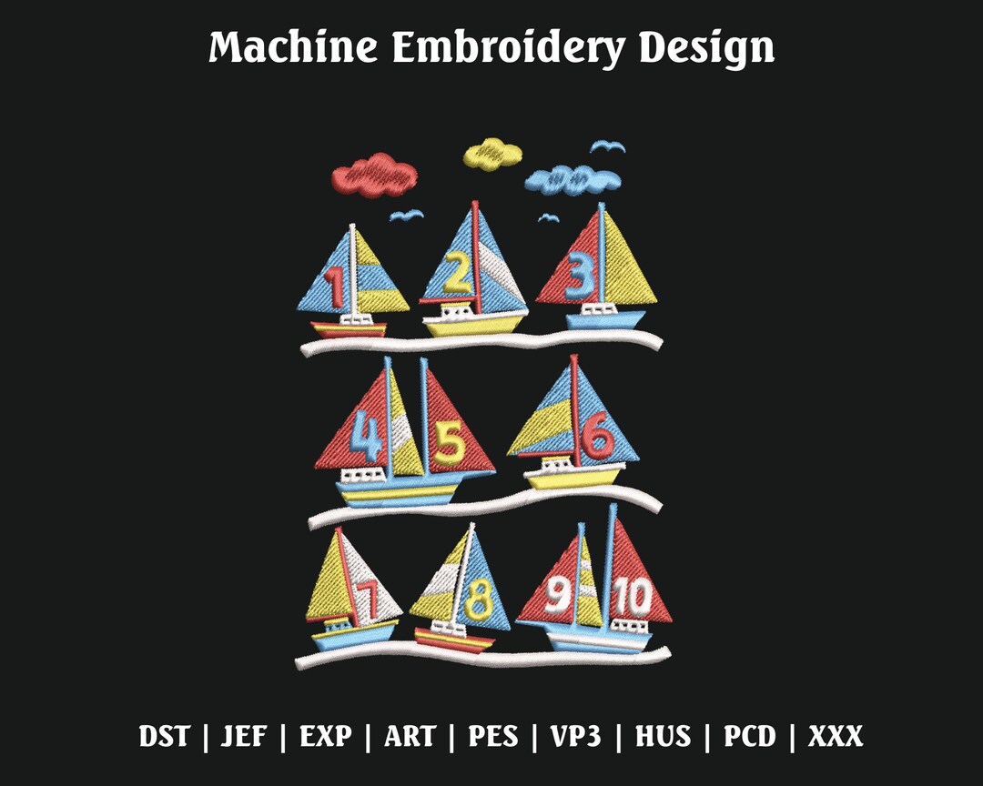 Cute Numbering Boats Embroidery Design, Toddler Embroidery Design, Kids ...
