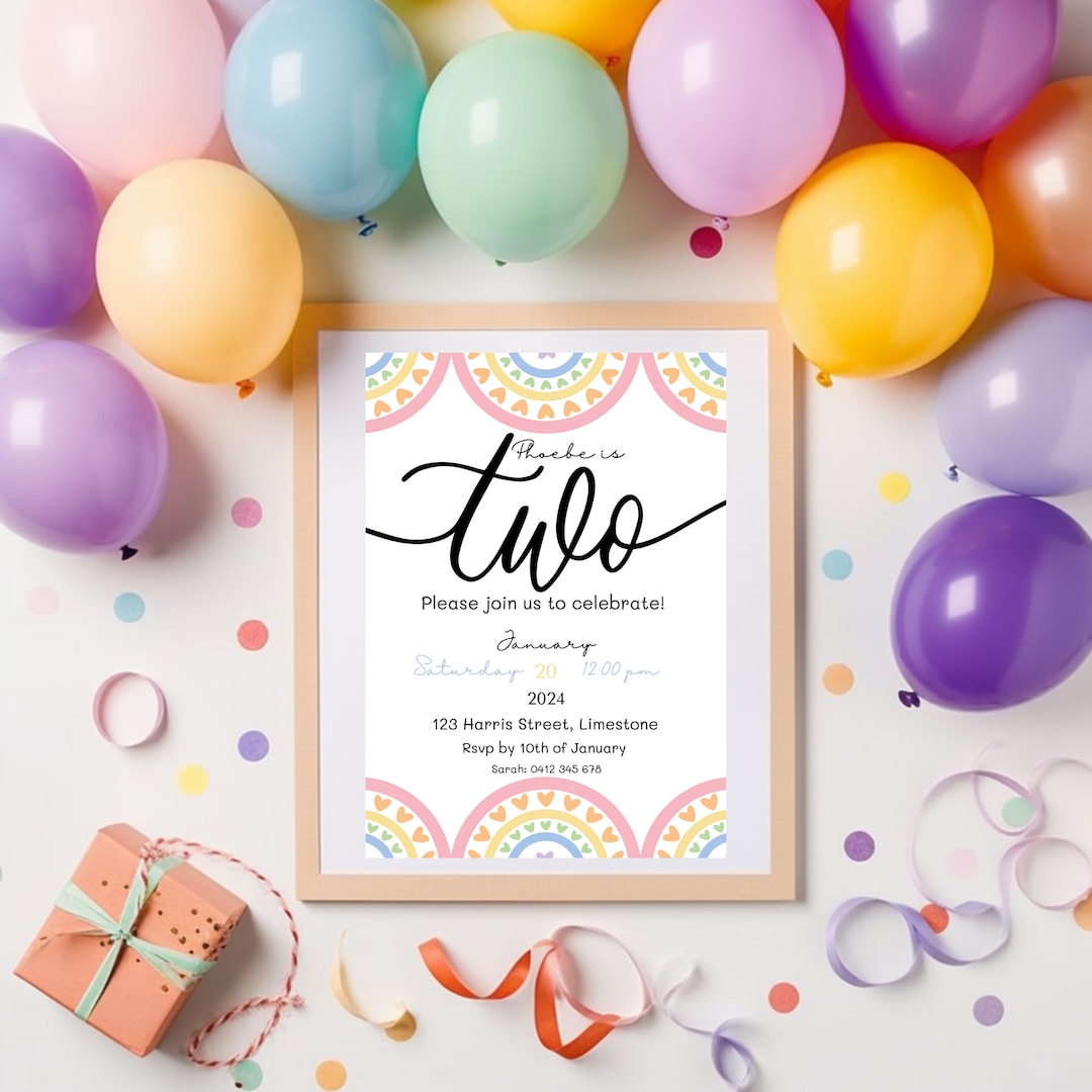 Rainbow Second Birthday Party Invitation Template - Etsy