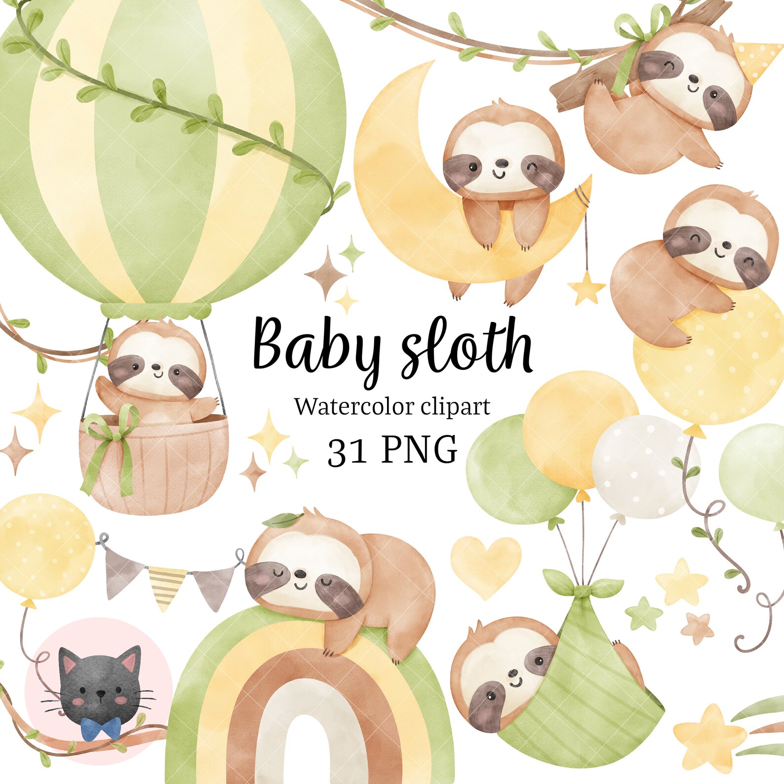 Watercolor Baby Sloth Clipart Birthday Clipart Baby Shower Nursery Art ...