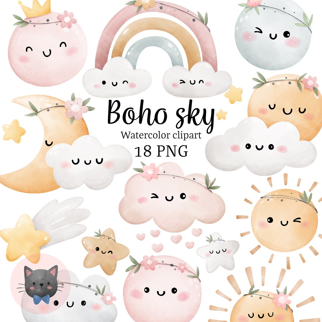 Watercolor Boho Weather Clipart Boho Baby Shower Nursery Decor Clipart ...