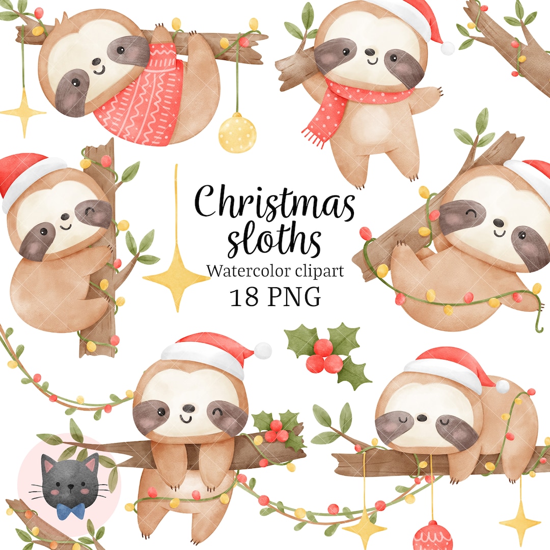 Christmas Sloth Clipart Watercolor Sloth Clipart Christmas Animal Png ...