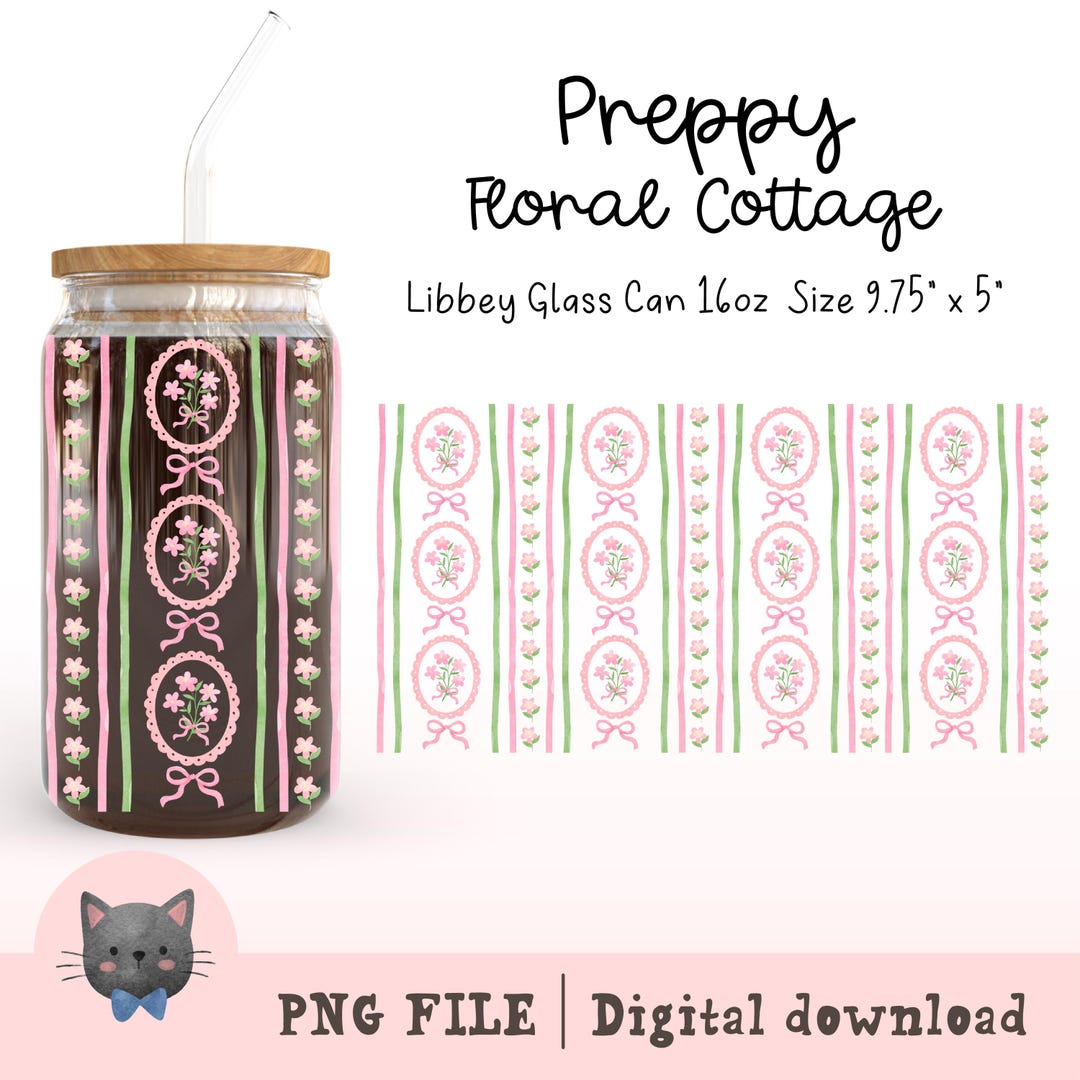 Preppy Floral Cottage 16 Oz Libbey Glass Can Wrap Png Coquette ...