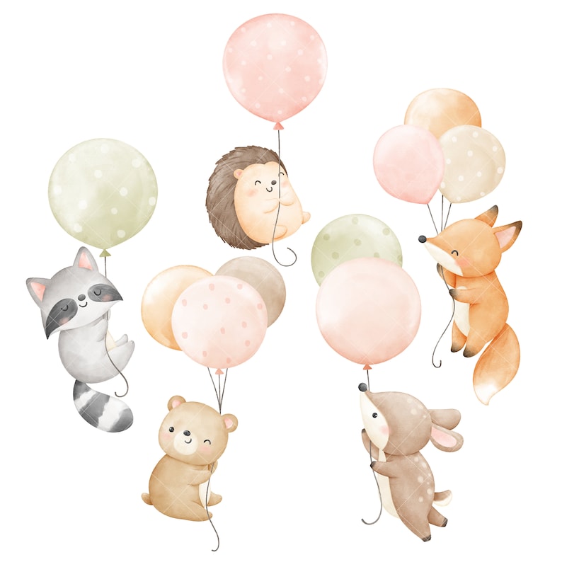 Woodland Animals Watercolor Clipart Animals With Balloon Clipart Baby ...