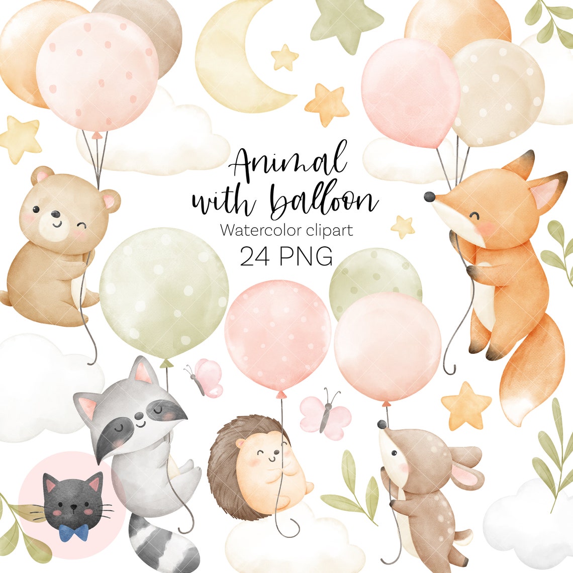 Woodland Animals Watercolor Clipart Animals With Balloon Clipart Baby ...