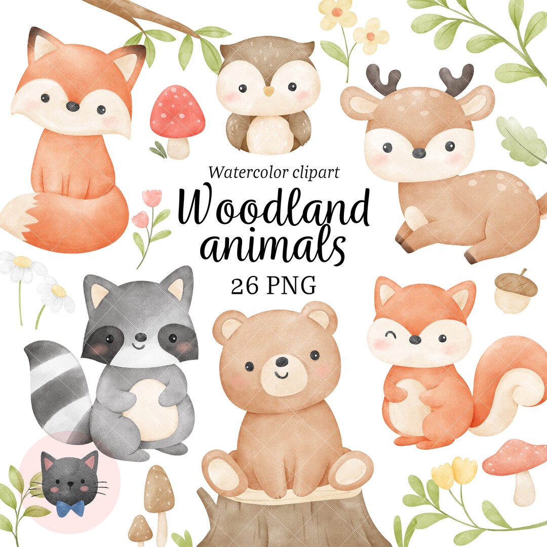 Woodland Animals Watercolor Clipart Forest Animals Clipart Nursery ...