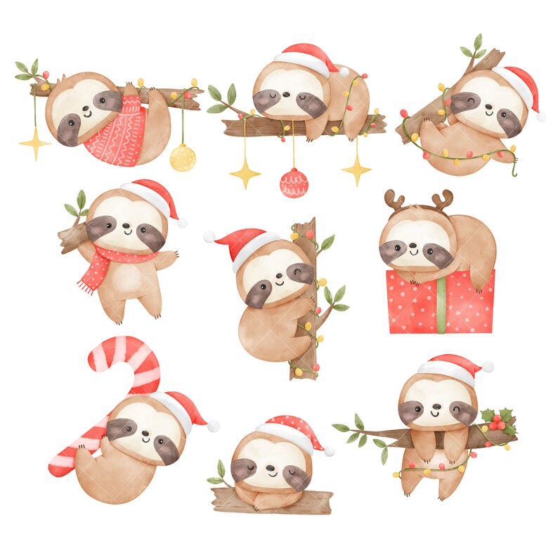 Christmas Sloth Clipart Watercolor Sloth Clipart Christmas Animal Png ...