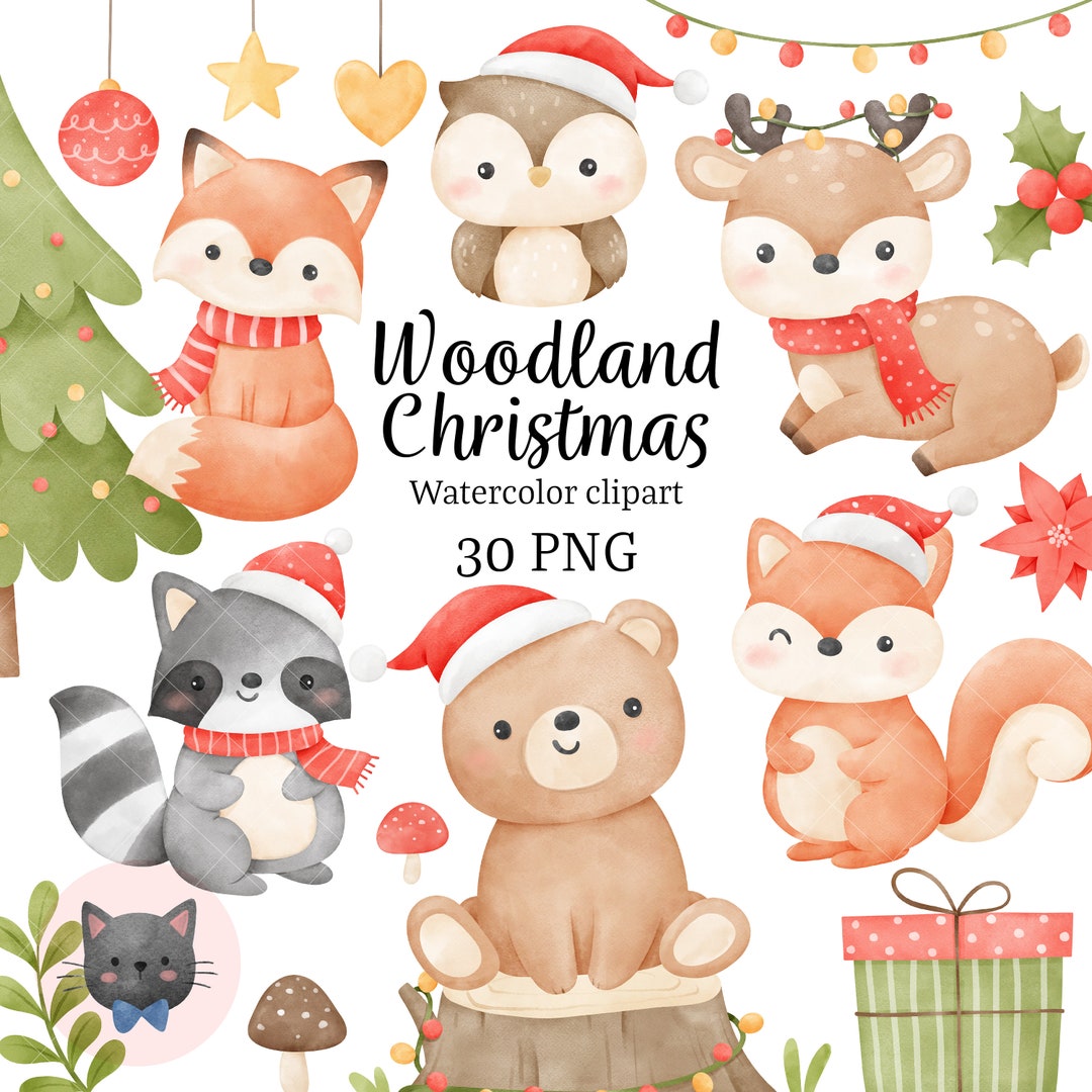 Woodland Animals Christmas Clipart Christmas Woodland Watercolor Winter ...