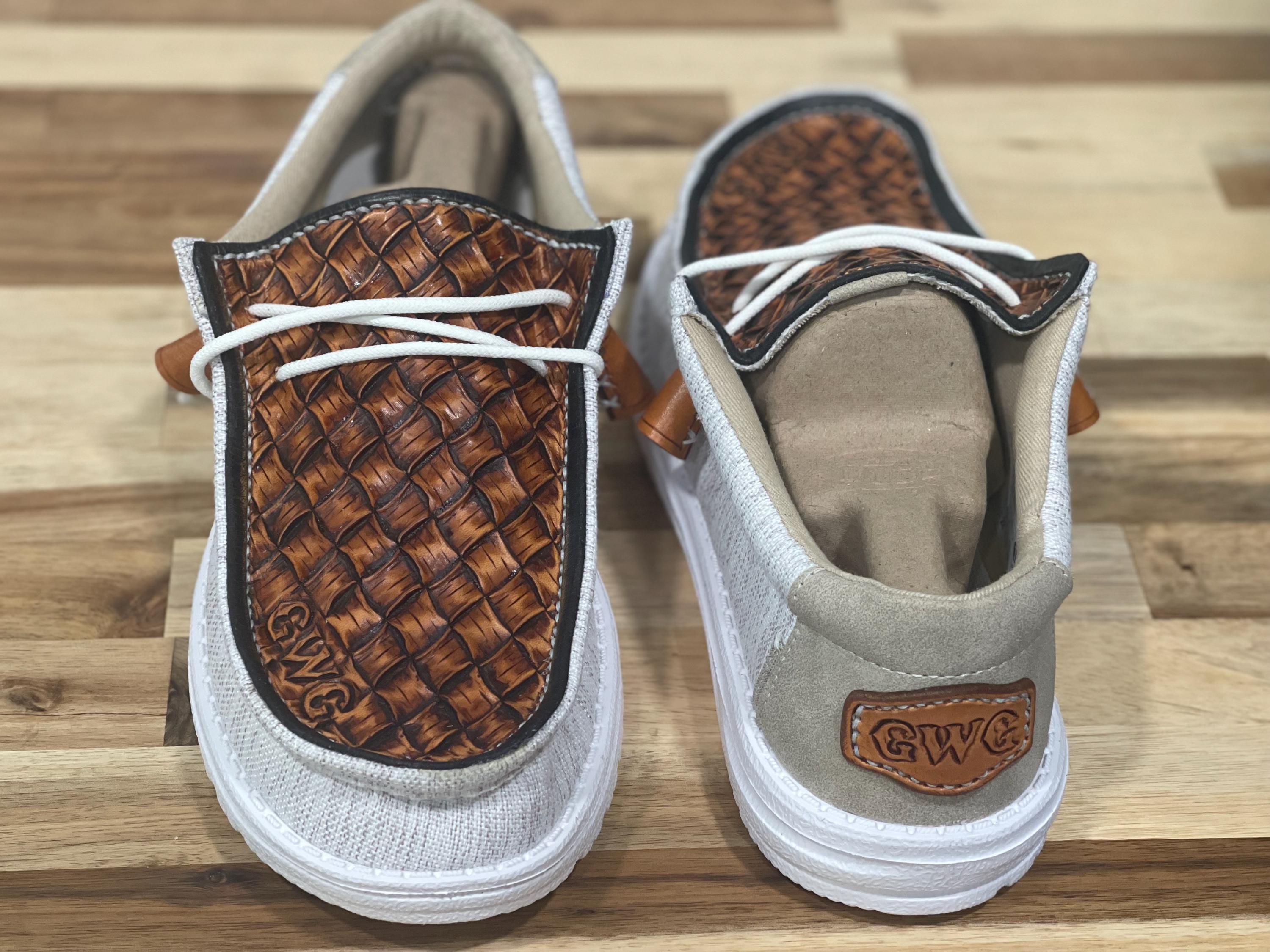 Hand Tooled Design on Authentic Hey Dudes | Basketweave With Initials ...
