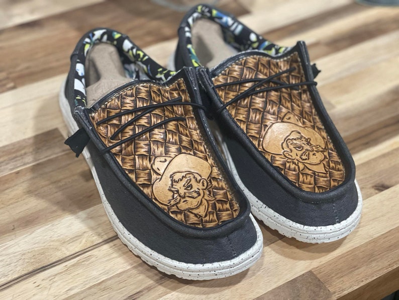 Custom Mascot Tooled Leather Hey Dude Shoes | One of A Kind Design on ...