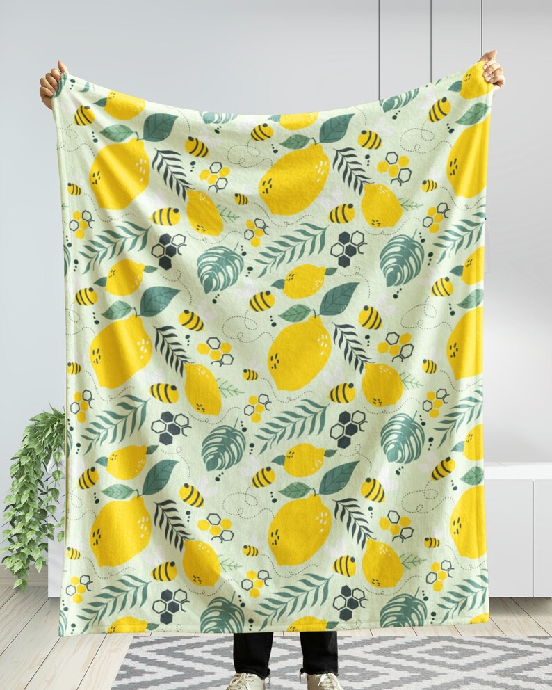 Lemons and Bee Blanket, Lemon Citrus Blanket, Lemon Throw Blanket ...