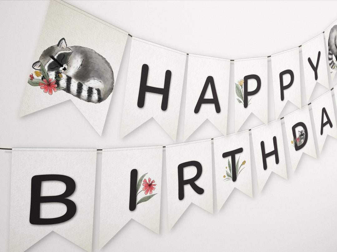 Raccoon Birthday Banner Printable, Woodland Party Decor, Happy Birthday ...