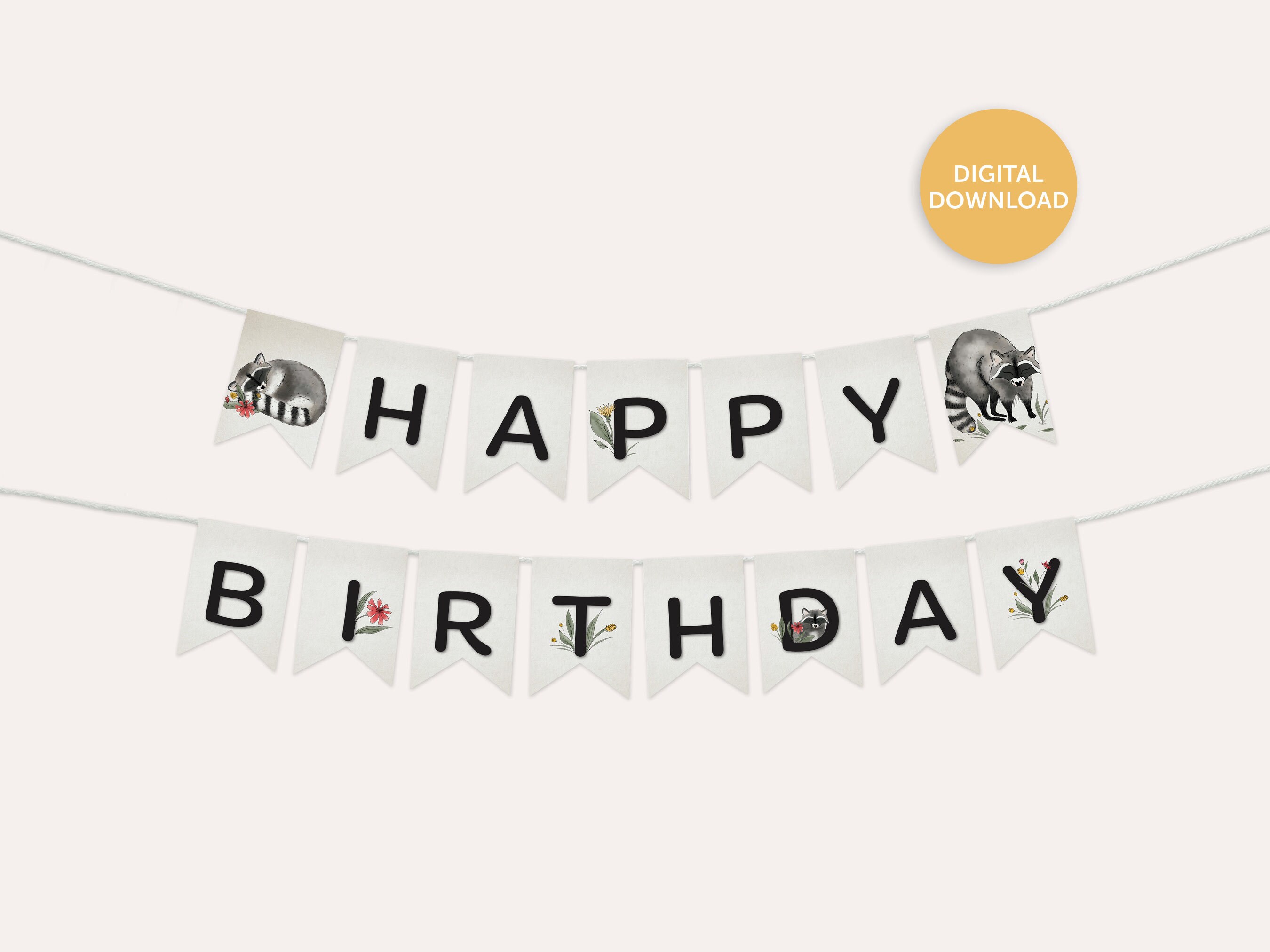 Raccoon Birthday Banner Printable, Woodland Party Decor, Happy Birthday ...