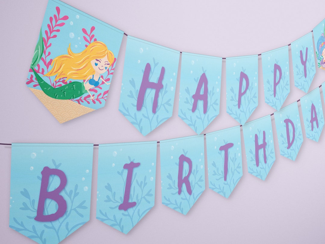 Mermaid Birthday Banner Printable, Mermaid Party Decor, Happy Birthday ...