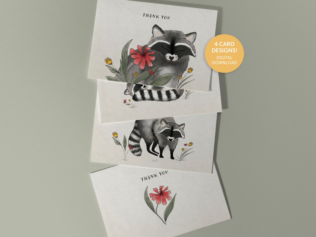Raccoon Thank You Cards, Raccoon Stationery, Folded Raccoon Greeting ...